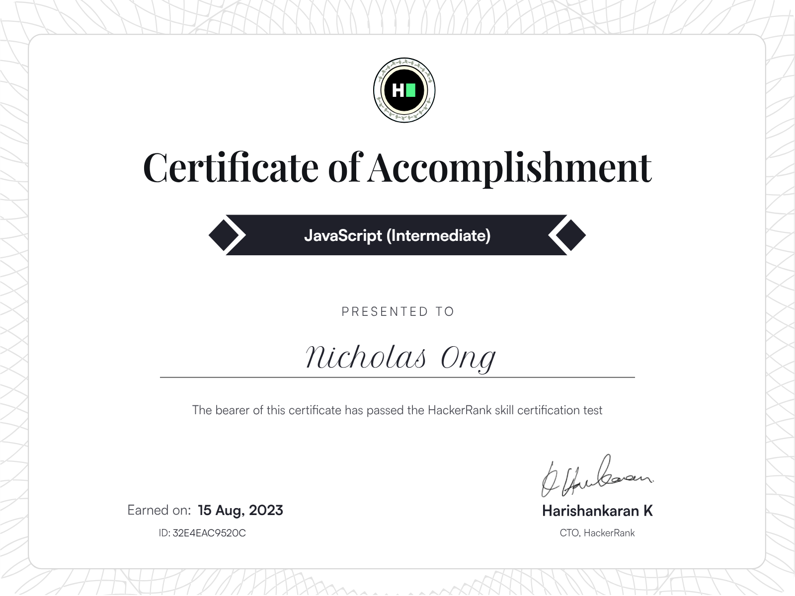 Certifications Nicholas Ong